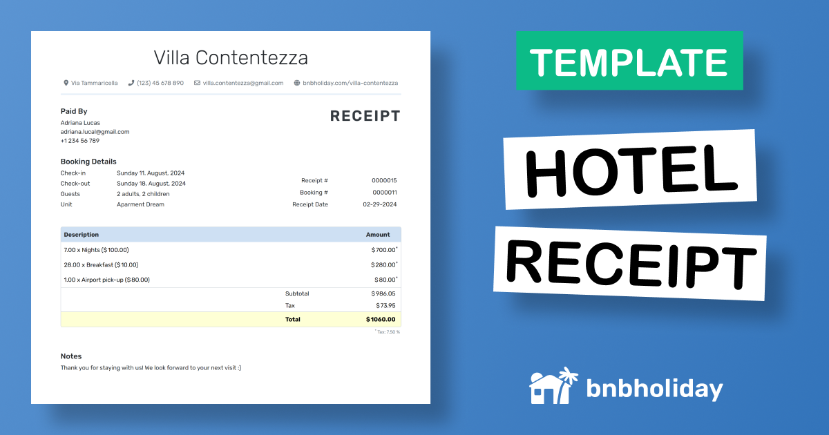 Hotel Receipt Template | Print, Save or PDF