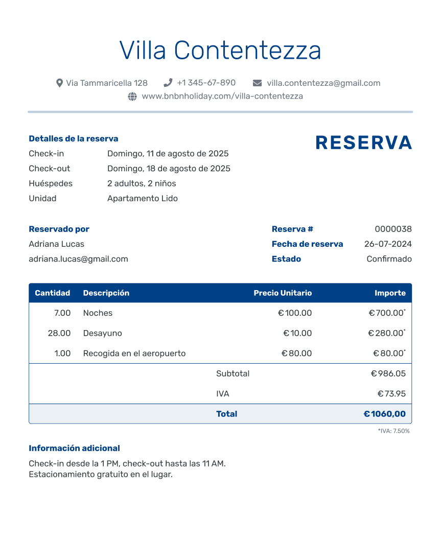 Plantilla de Confirmación de Reserva | Imprimir, Guardar o PDF